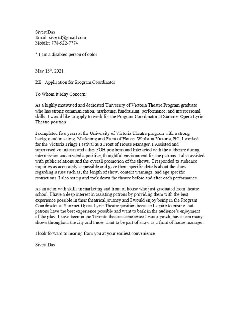 Lyric Theatre Cover Letter | PDF