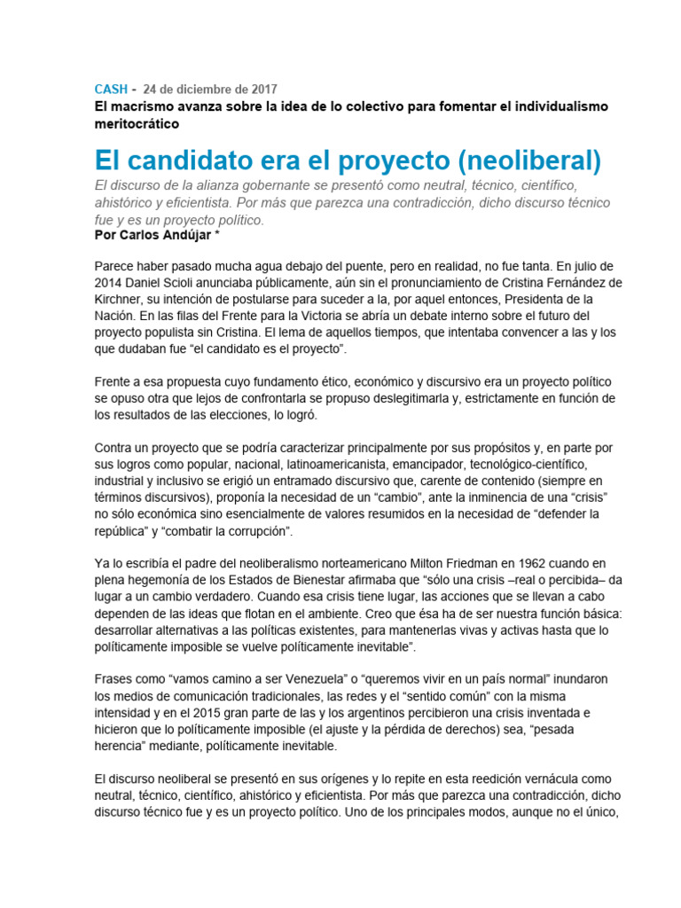 ANDUJAR - El Candidato Era El Proyecto - Neoliberal | PDF | Neoliberalismo | Desempleo