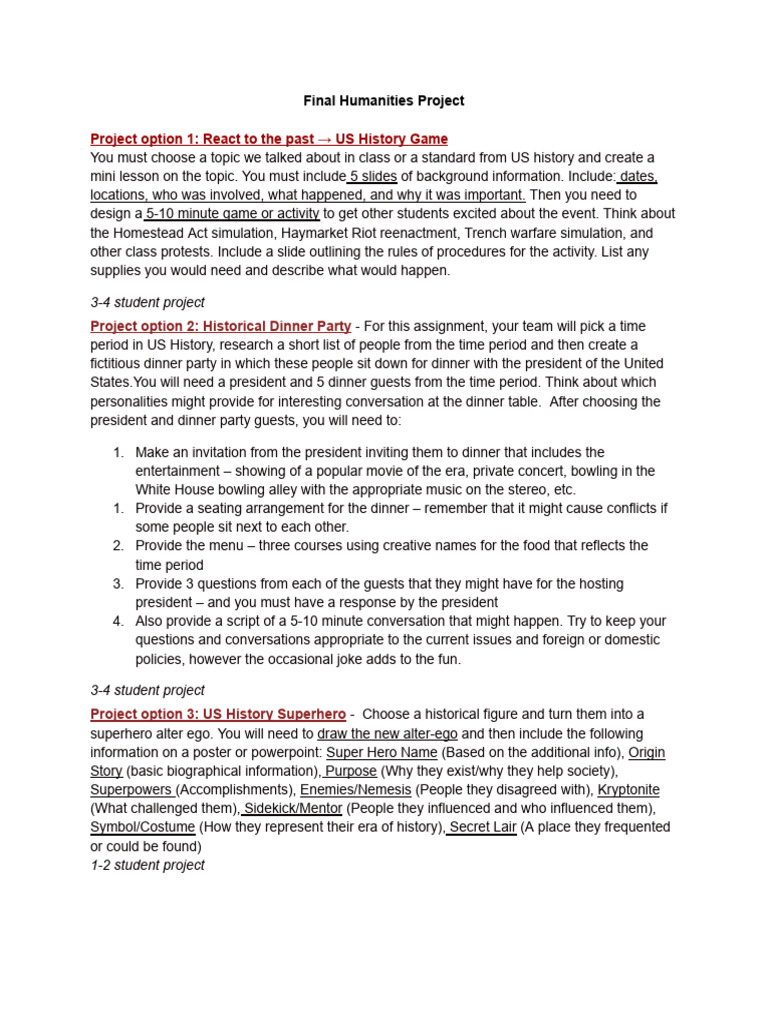 Creative US History Project Ideas | PDF