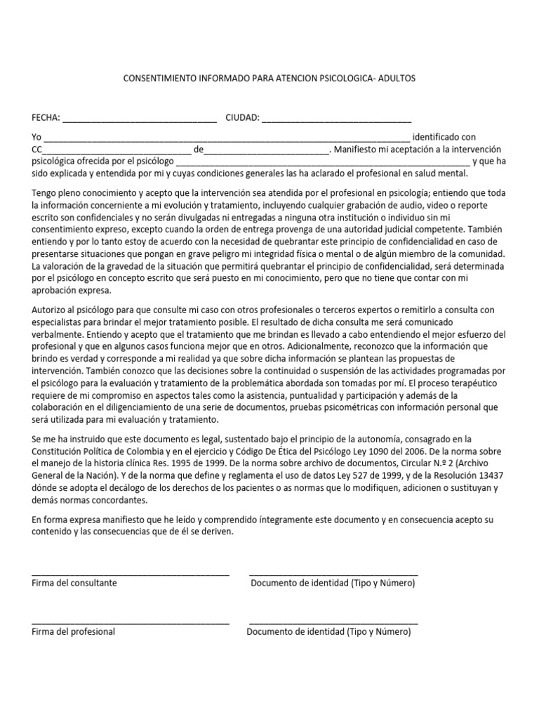 Consentimiento Informado para Atencion Psicologica | PDF Consentimiento Informado para Atencion Psicologica | PDF