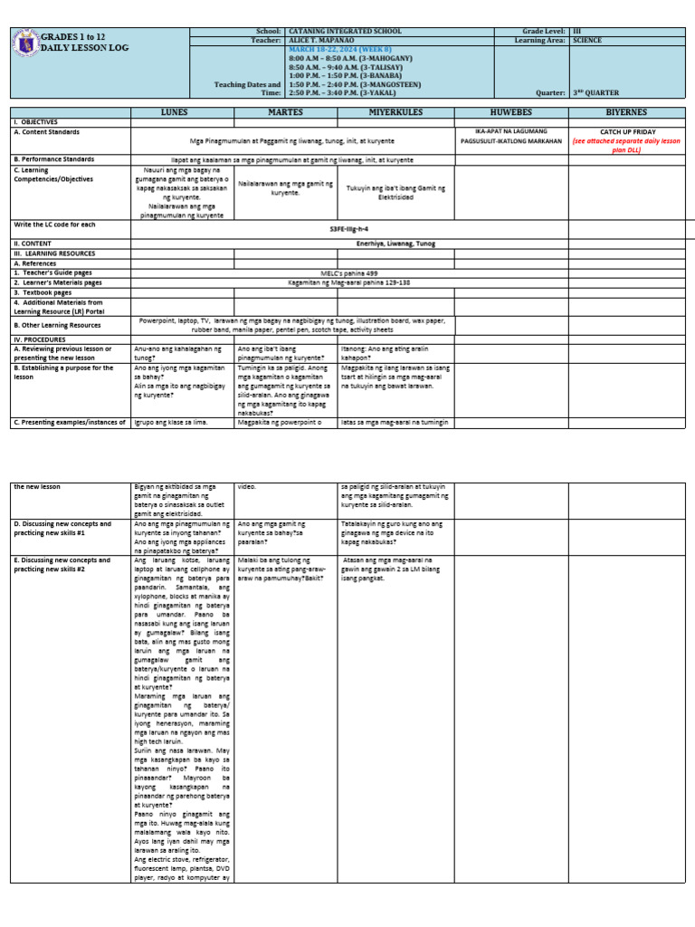 DLL - Science 3 - Q3 - W8 | PDF