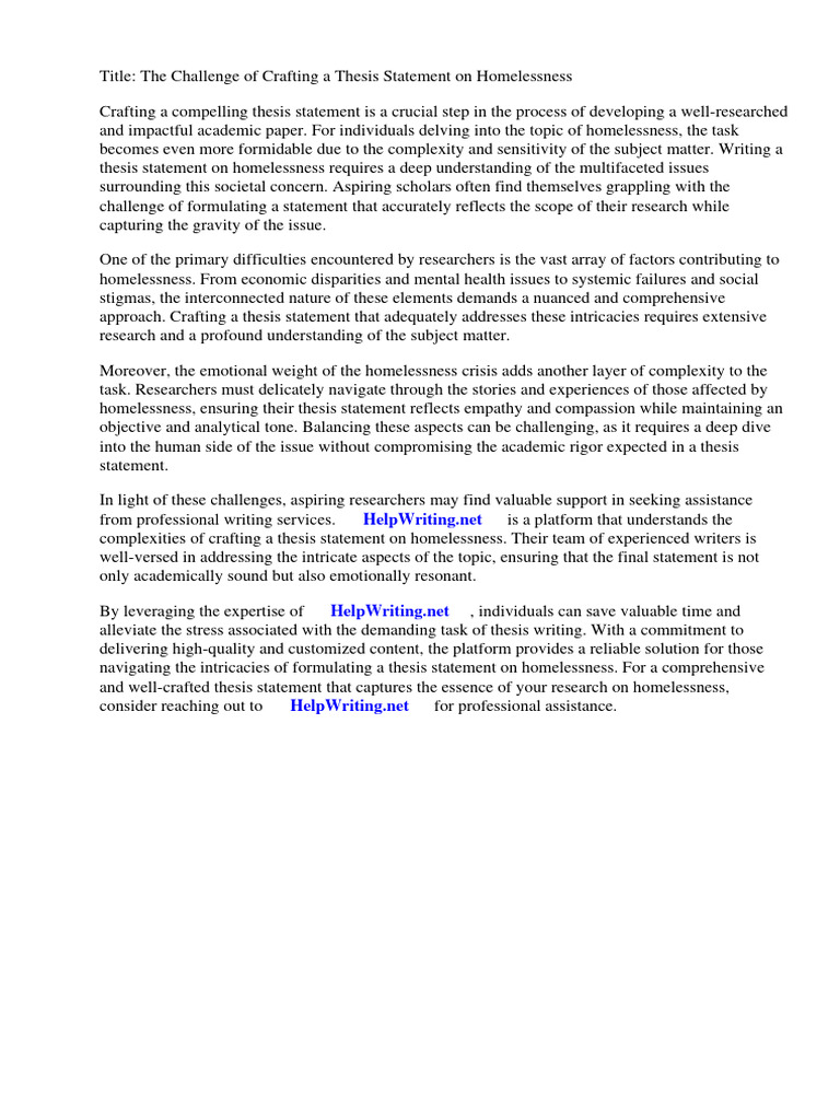 Thesis Statement Examples On Homelessness | PDF | Homelessness | Poverty