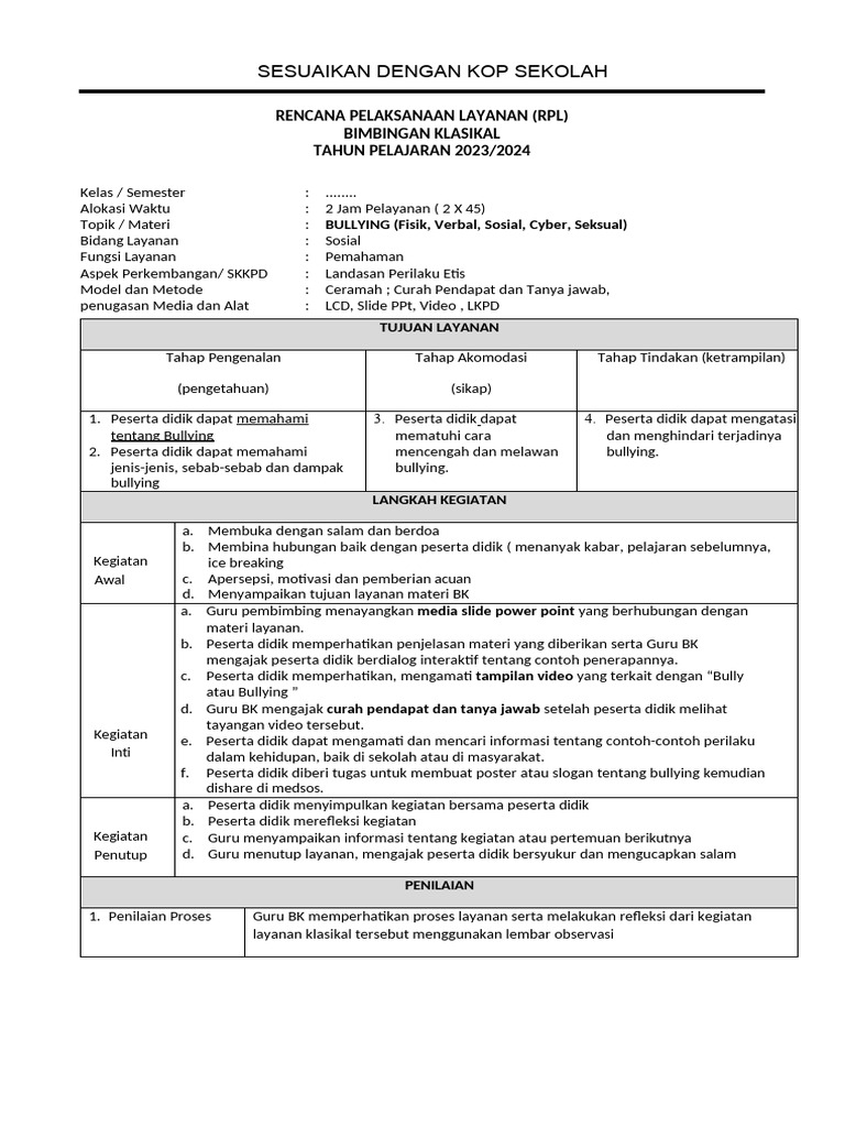 Contoh RPL Klasikal BK | PDF