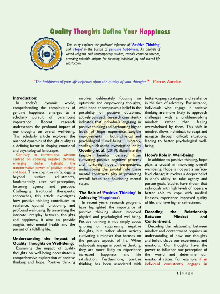 Quality Thoughts Define Your Happiness | PDF