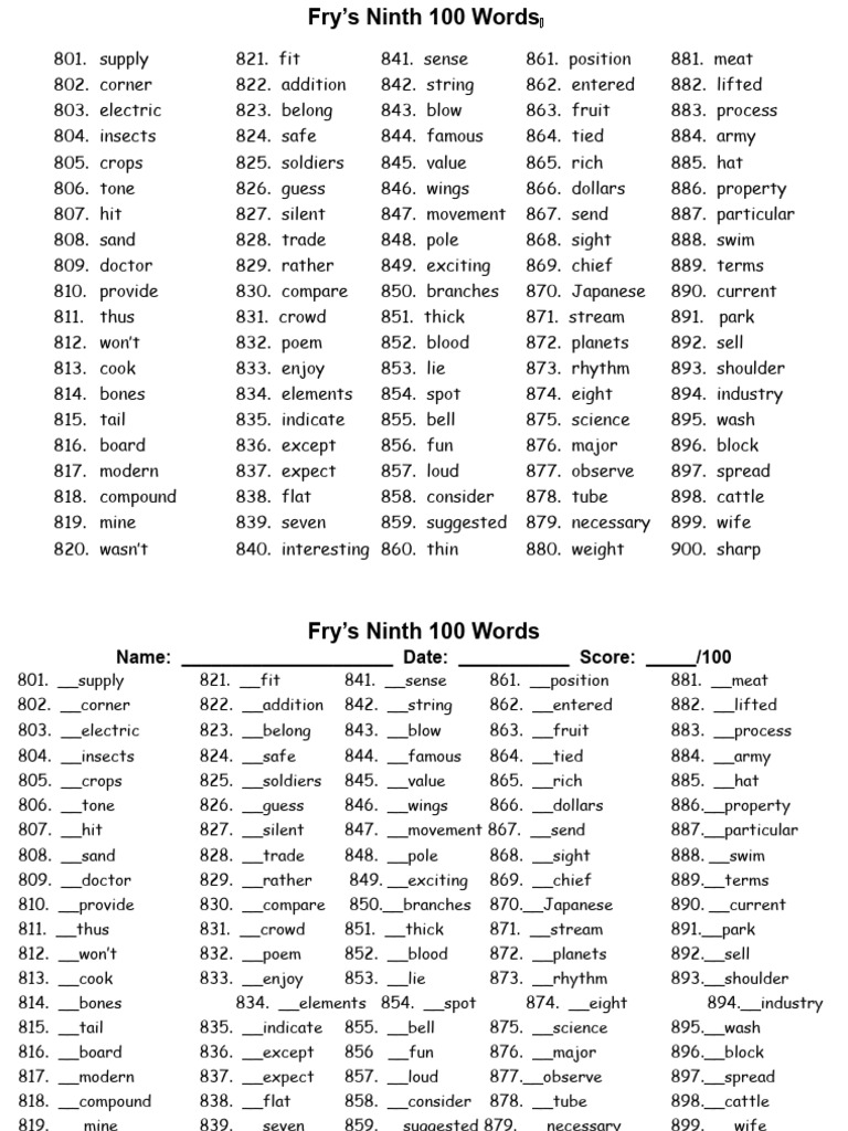 Frys Ninth 100 Words | PDF