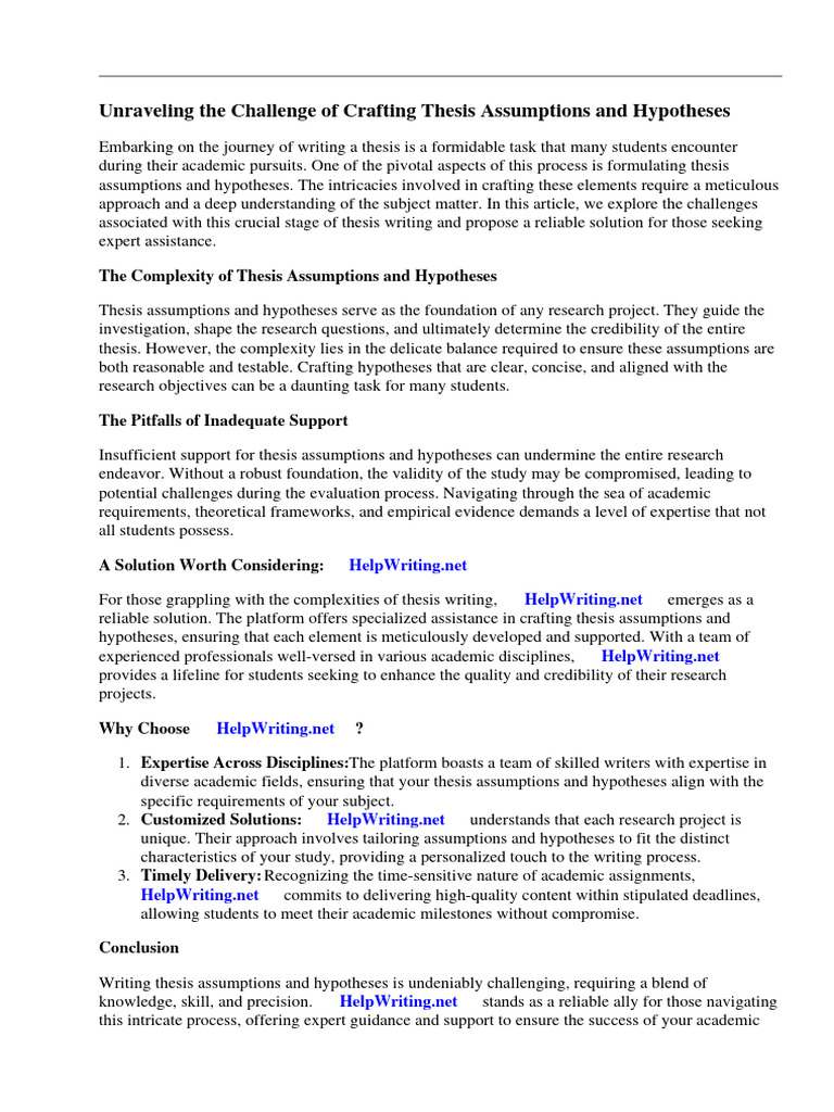 Sample Thesis Assumption and Hypothesis | PDF