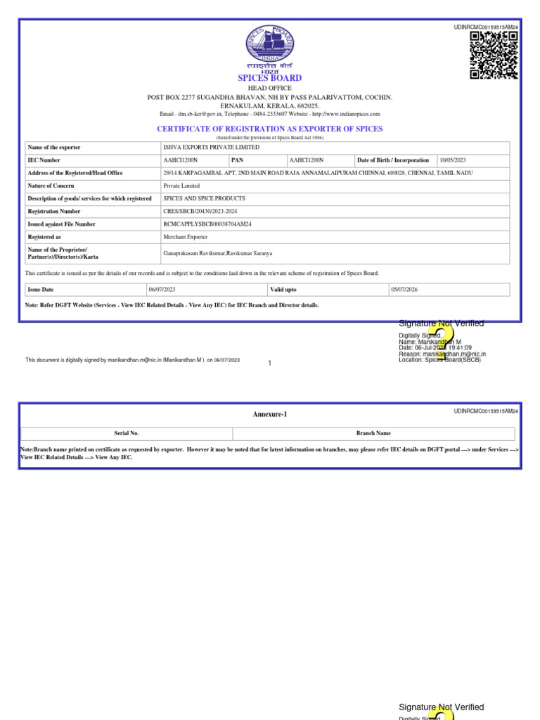 Spice Exporter Registration Certificate | PDF