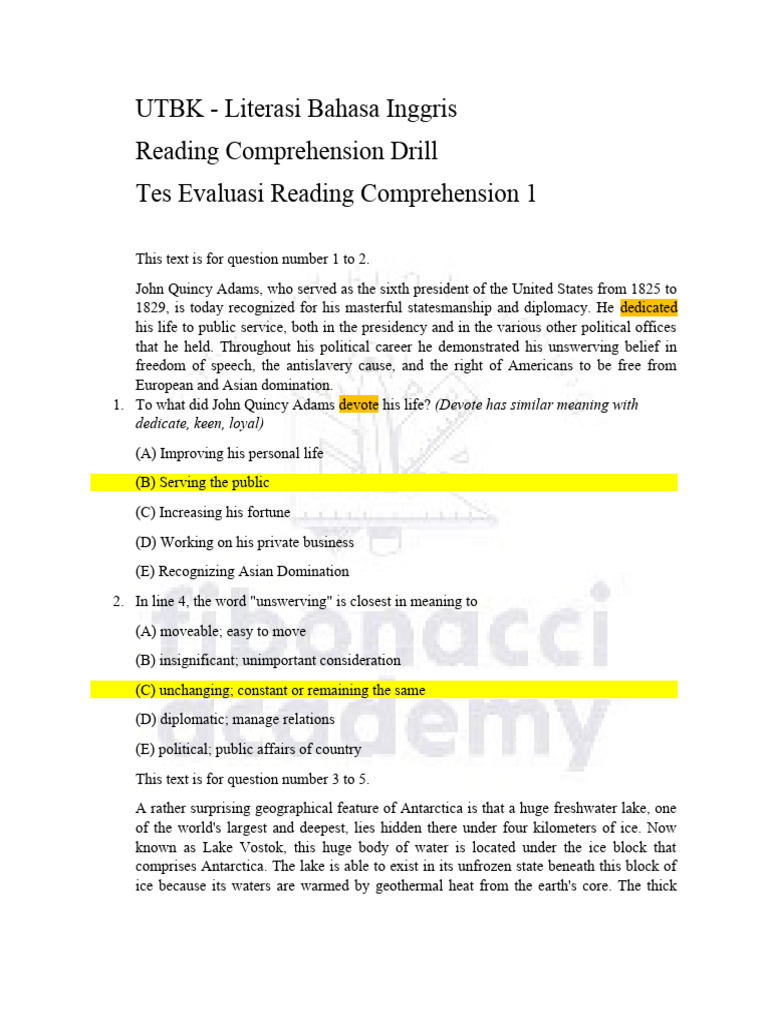 PEMBAHASAN READING COMPREHENSION 1 | PDF