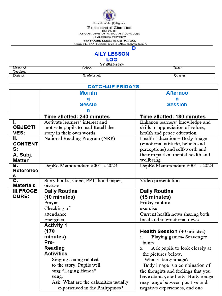 Catch up Friday Lesson Plan | PDF | Learning | Meditation