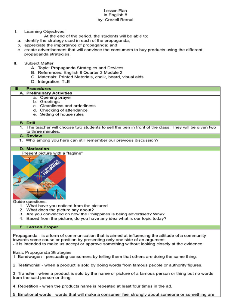 Lesson Plan 8 Week 1 | PDF