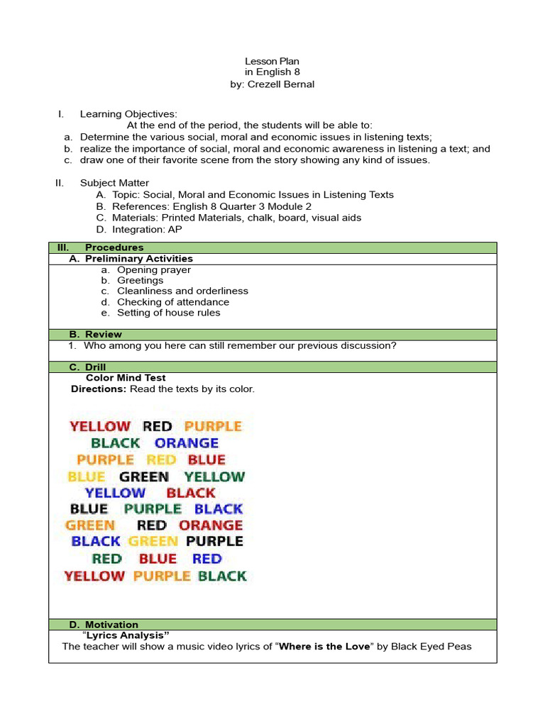 Lesson Plan 8 Week 2 | PDF | Wellness