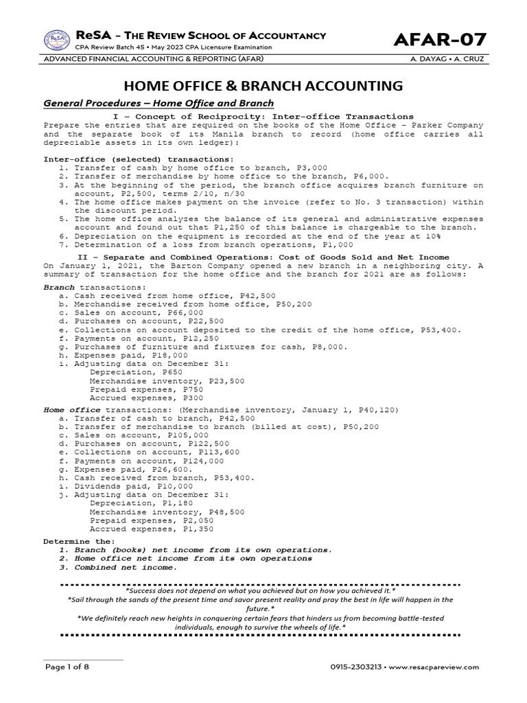 AFAR-07 (Home Office - Branch Accounting) | PDF | Debits And Credits | Expense