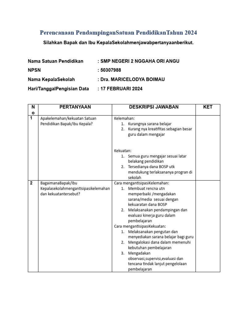 Perencanaan Pendampingan Satuan Pendidikan Tahun 2024 | PDF