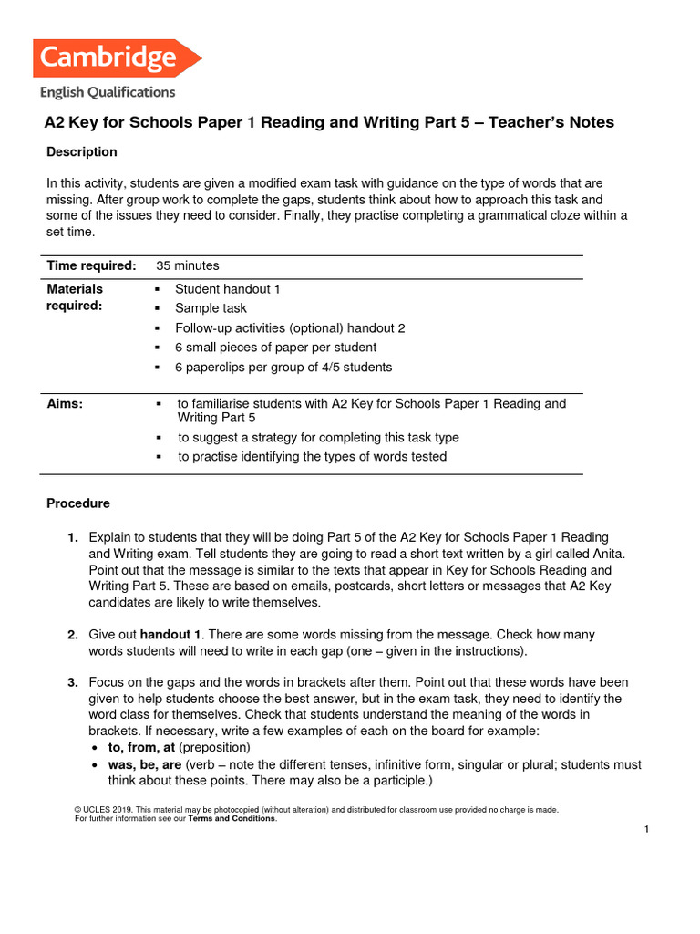 A2 Key for Schools Reading & Writing Guide | PDF | Verb | Plural