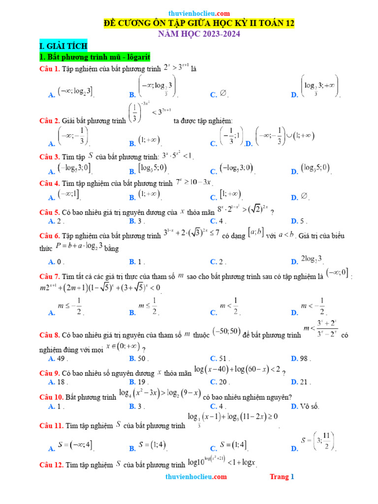 De Cuong On Tap Giua HK2 Toan 12 Nam 23 24 | PDF
