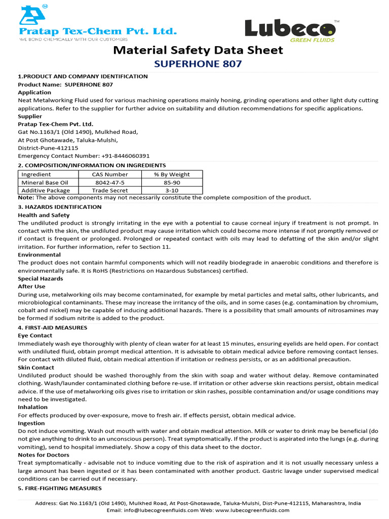 Msds-Superhone 807 | PDF | Firefighting | Waste