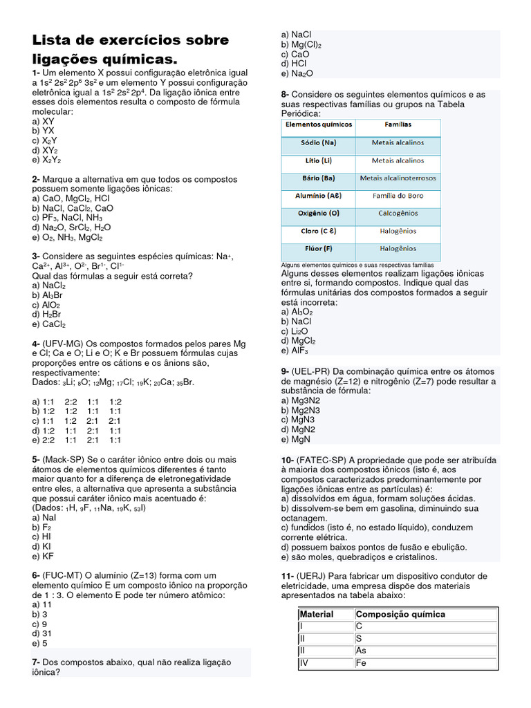 Lista de Exercícios Sobre Ligações Químicas | PDF | Ligação química ...