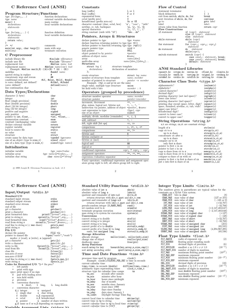 C Reference Card Pdf C Programming Language Pointer Computer Programming