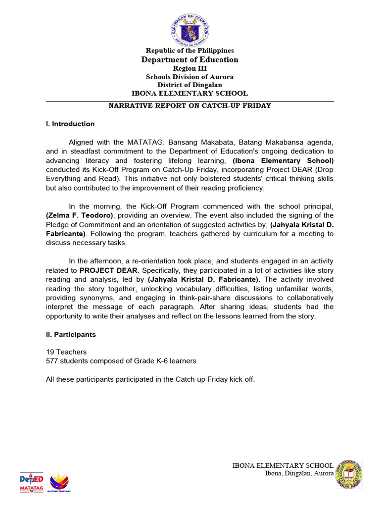 Catch-Up Friday Narrative Report | PDF | Learning Methods | Pedagogy