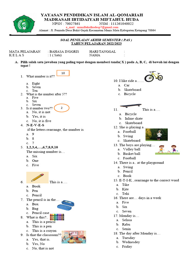Soal Pas SM2 Kelas 1-Bing | PDF