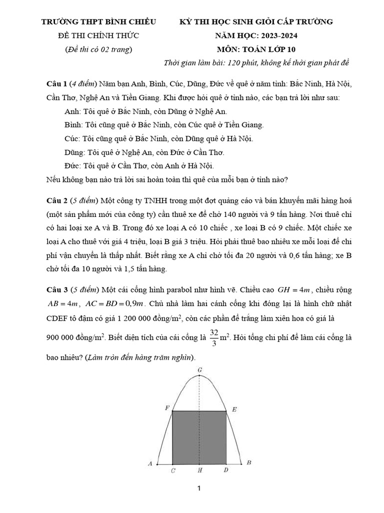 De Hoc Sinh Gioi Toan 10 Nam 2023 2024 Truong THPT Binh Chieu TP HCM | PDF