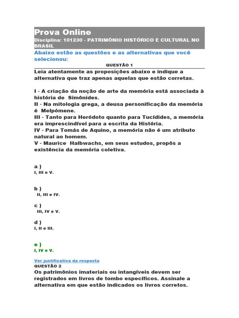 Prova Online PATRIMONIO HISTORICO E CULTURAL NO BRASIL | PDF