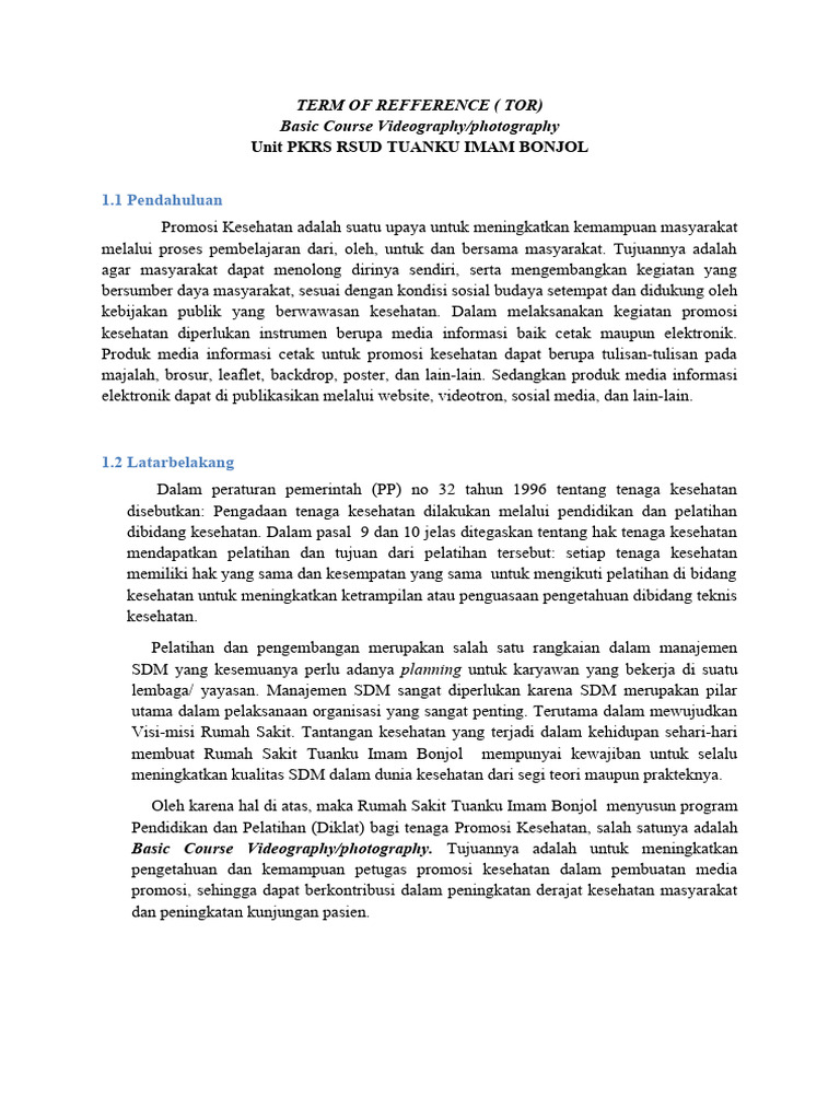 TOR KEGIATAN Basic Videography | PDF