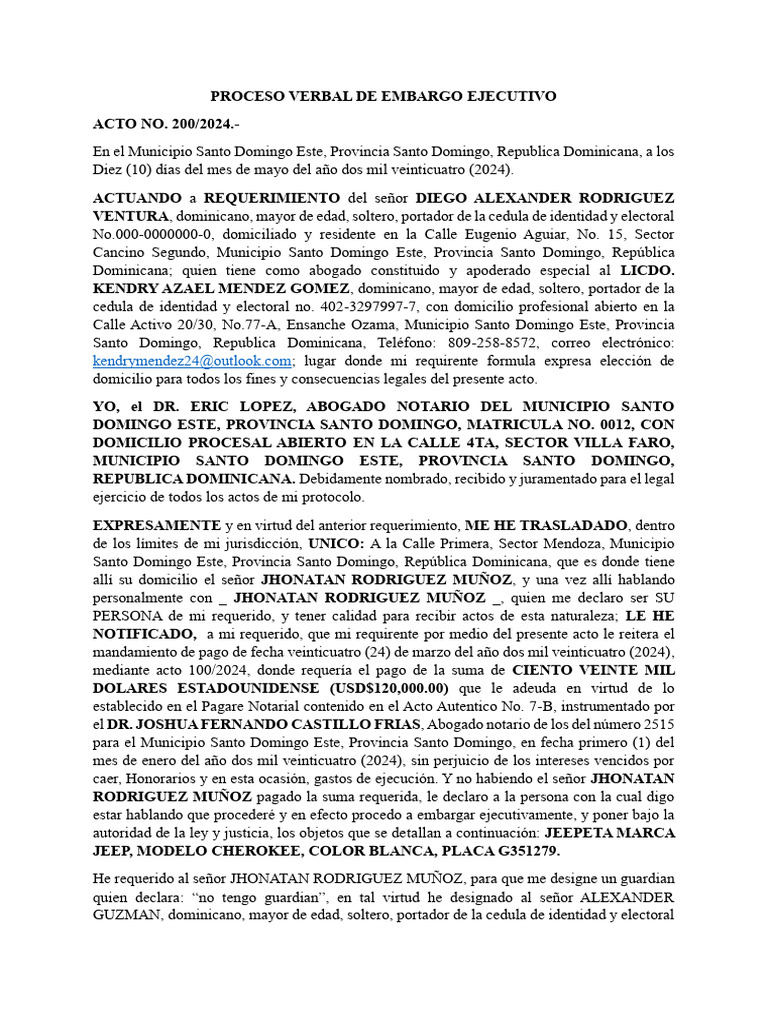 PROCESO VERBAL DE EMBARGO EJECUTIVO | PDF | República Dominicana | Justicia