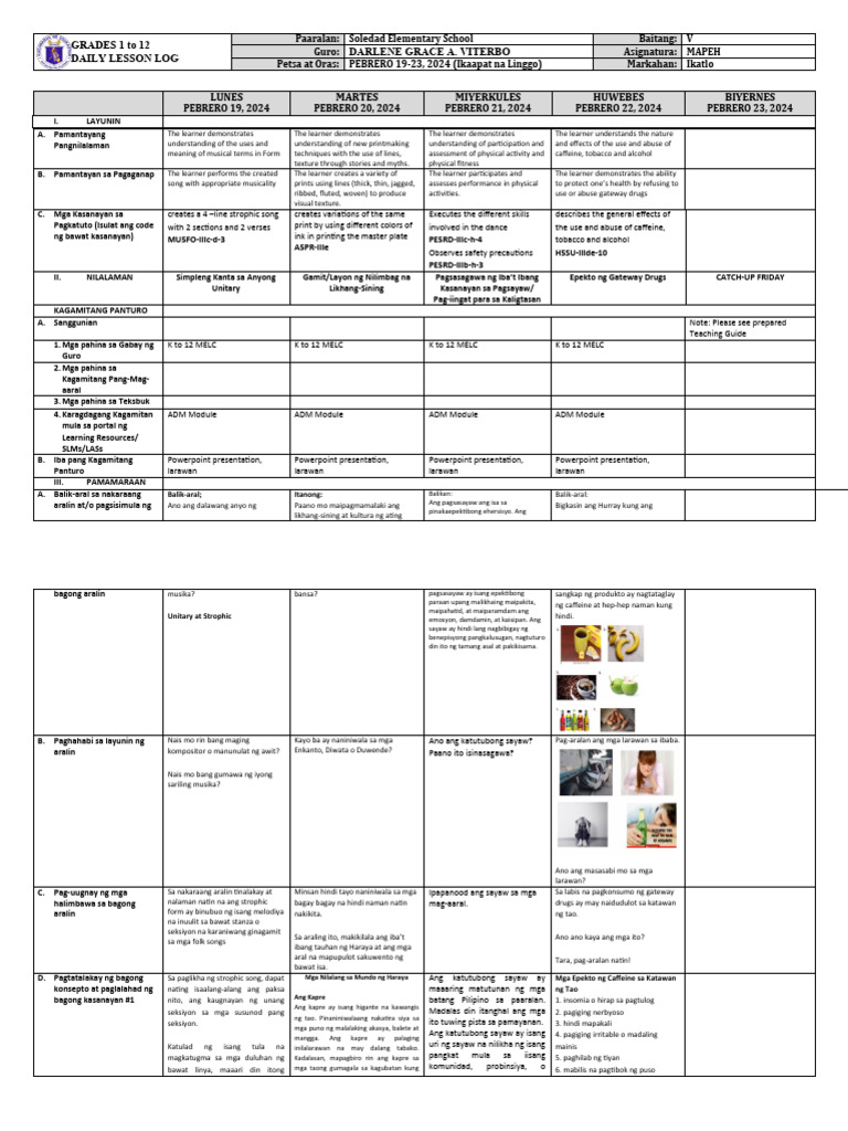 DLL in MAPEH 5 Q3 W4 | PDF