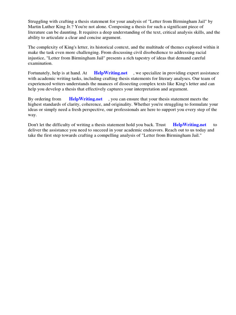 Thesis Statement Examples For Letter From Birmingham Jail | PDF | Martin Luther King Jr.