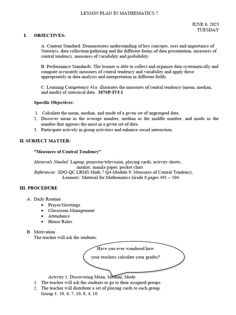 COT2-LESSONPLAN - 2022-2023 Up | PDF | Mode (Statistics) | Mean