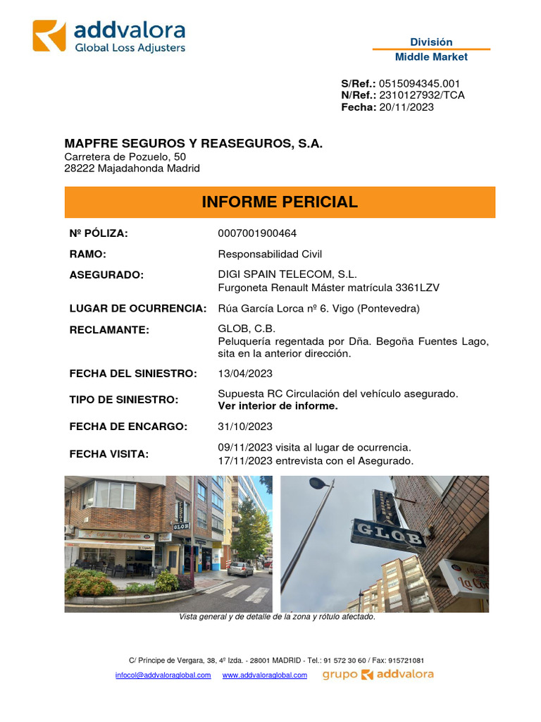 Informe Pericial de Siniestro Vehicular | PDF | Póliza de seguros ...