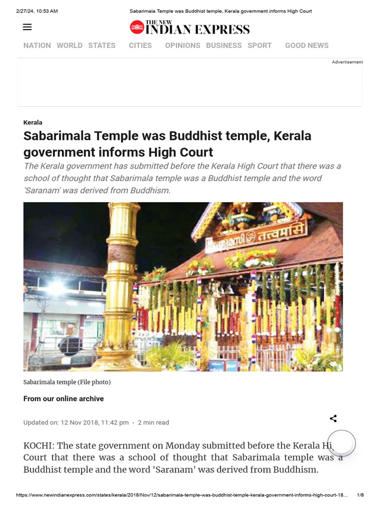 Sabarimala Temple Was Buddhist Temple, Kerala Government Informs High ...