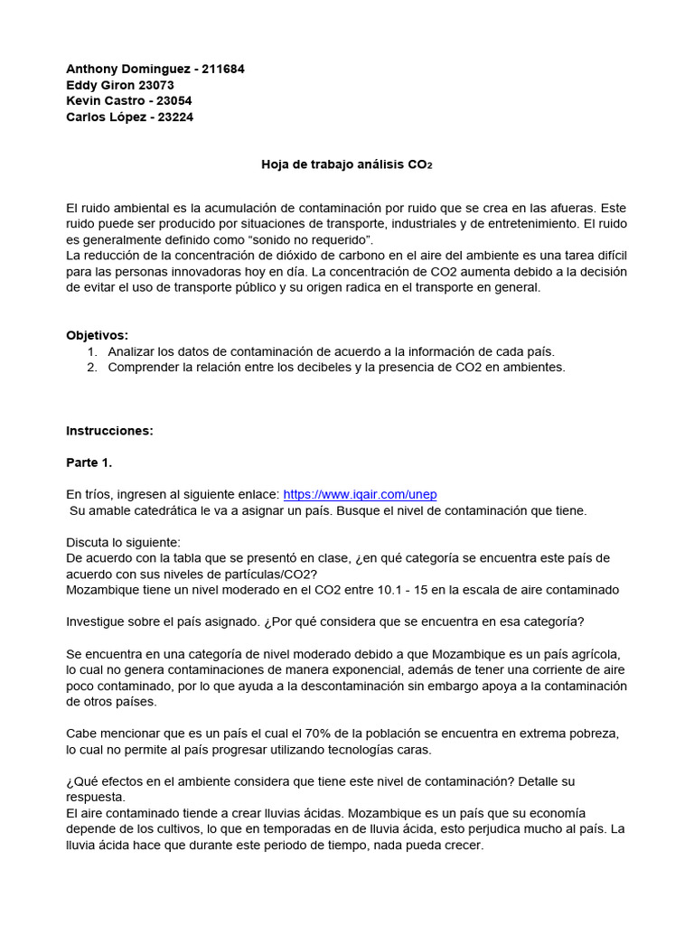 Hoja de Trabajo Análisis CO2 | PDF
