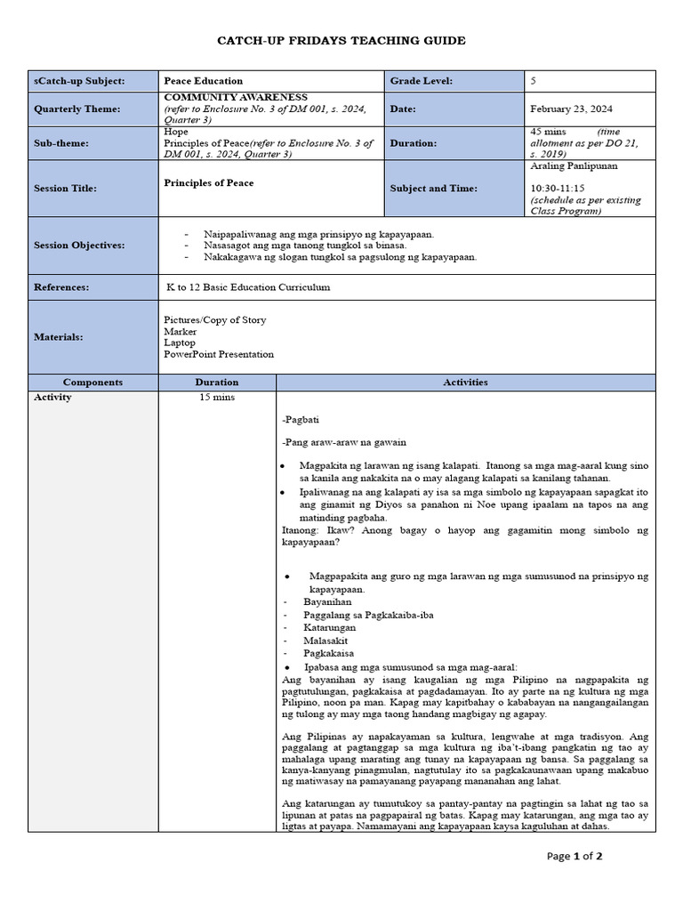 Peace-Ed-Grade-5 - FEB23-2024 | PDF