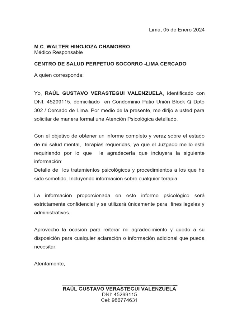 MODELO DE SOLICITUD DE INFORME Psicologico | PDF