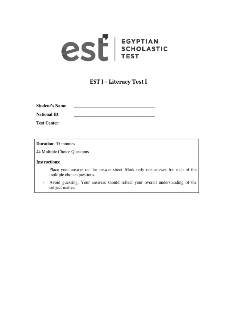 EST I Literacy Test: English Exam PDF | PDF | Cost Of Living | Johannes ...