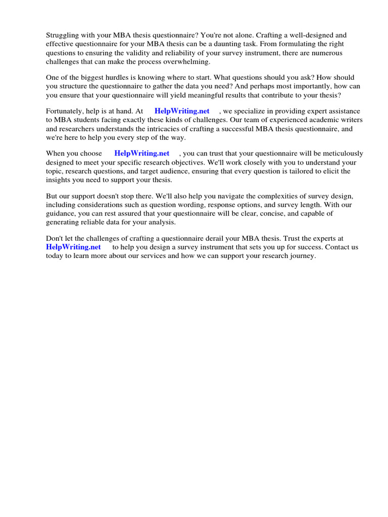 Sample Mba Thesis Questionnaire | PDF | Thesis | Questionnaire Sample Mba Thesis Questionnaire | PDF | Thesis | Questionnaire