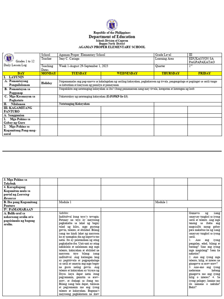 DLL Quarter 1 Week 1 ESP | PDF