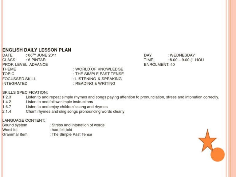 English Lesson Plan: Simple Past Tense | PDF