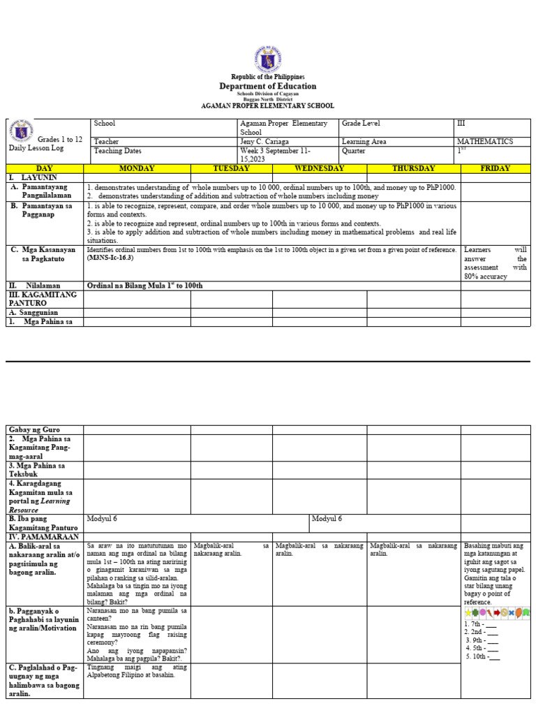 DLL Quarter 1 Week 3 Math | PDF