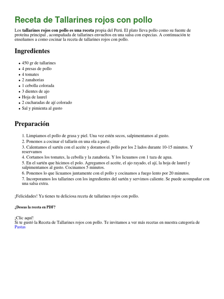 Receta de Tallarines Rojos Con Pollo | PDF