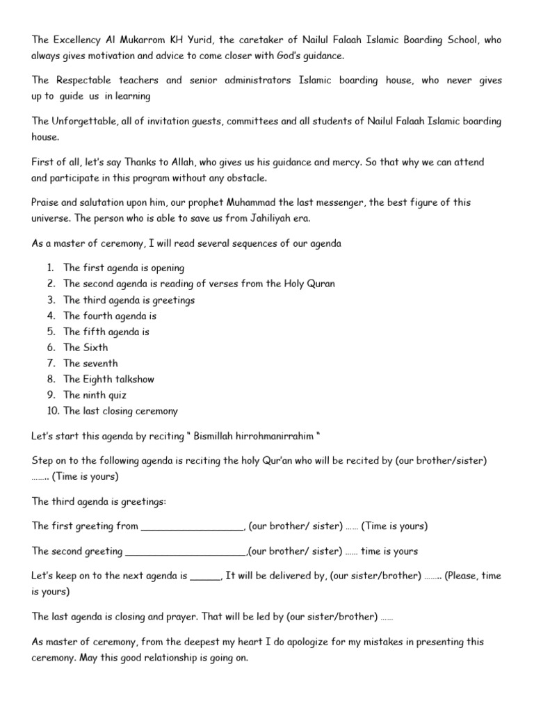 Contoh Teks MC Dalam Bahasa Inggris Leng | PDF