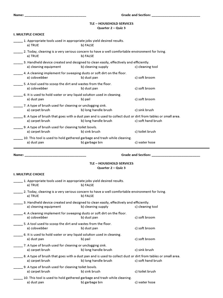 Quiz 3 Tools and Supplies | PDF | Housekeeping | Manufactured Goods