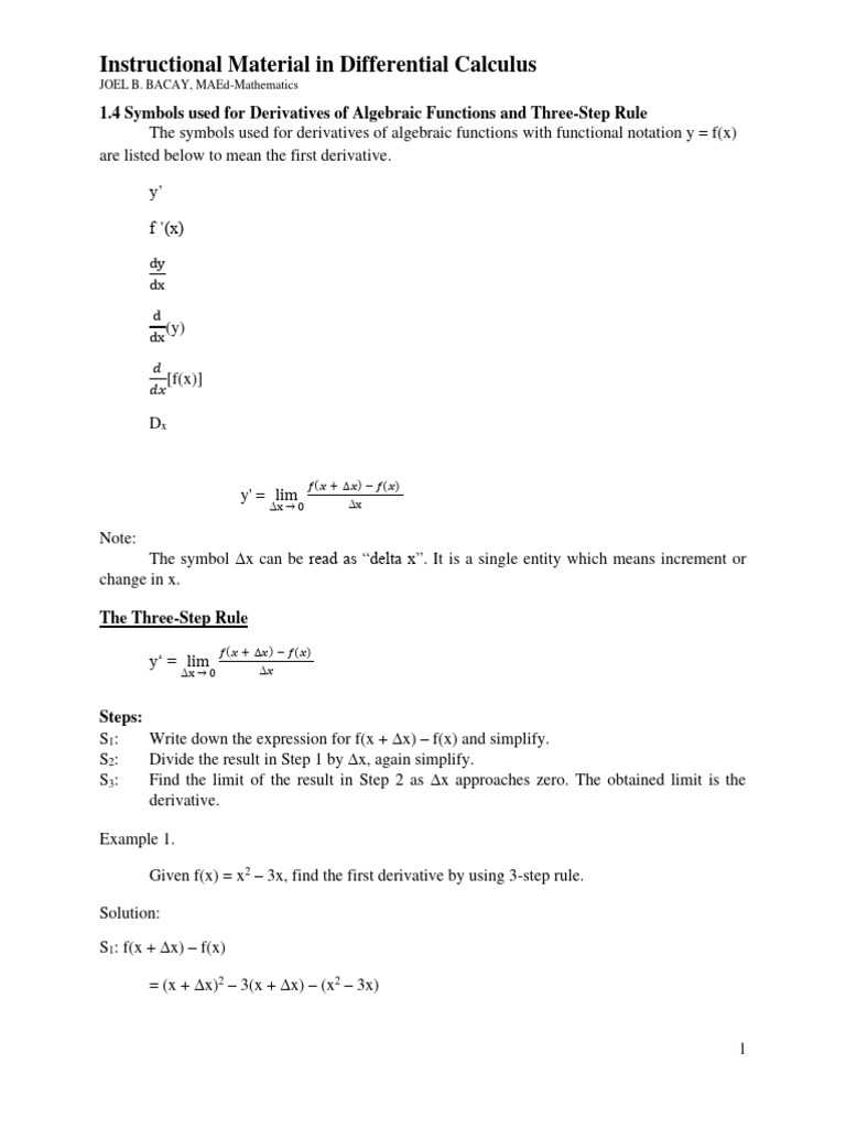 1.4 Symbols Used for Derivates and Algebraic Expressions and Three Step ...