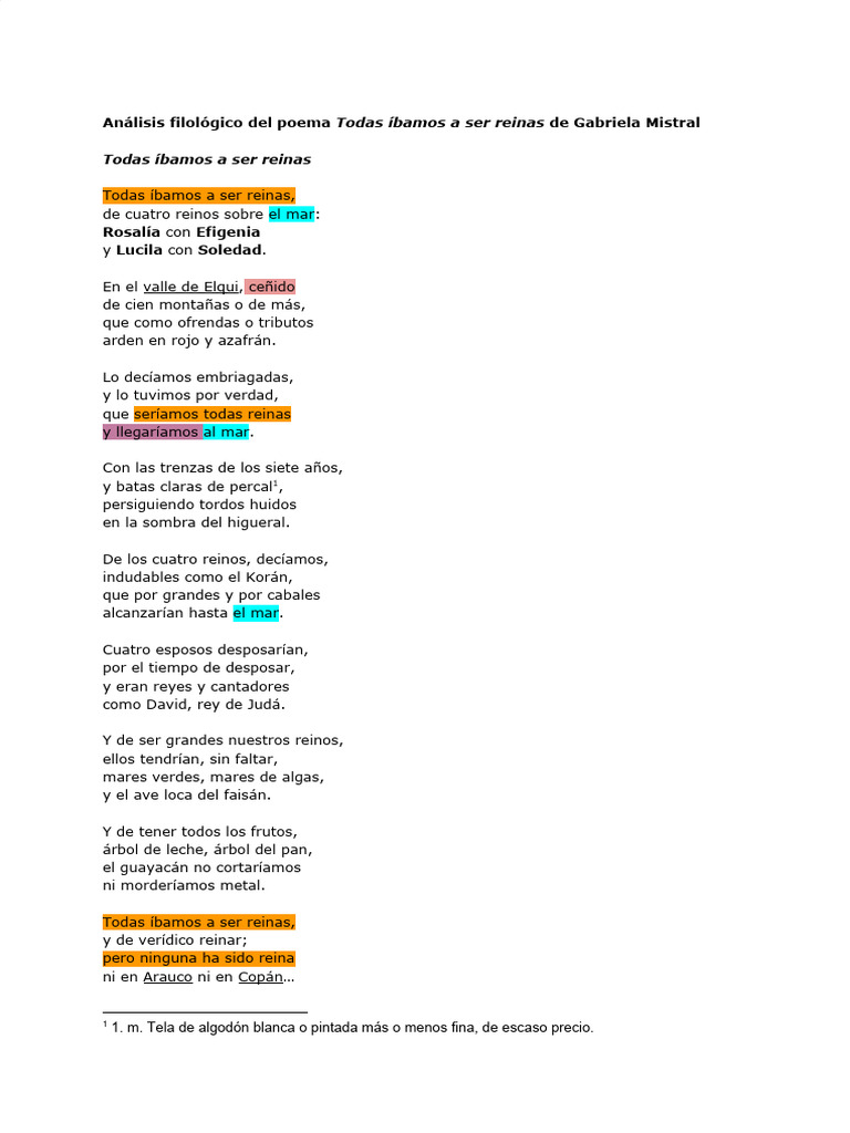 Analisis Filológico Del Poema Todas Íbamos A Ser Reinas | PDF | Verbo ...