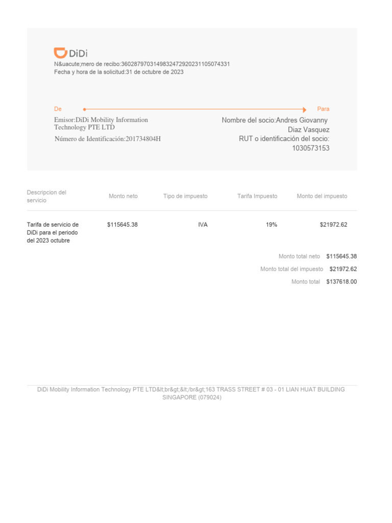 Factura DiDi Octubre 2023: Detalles y Montos | PDF