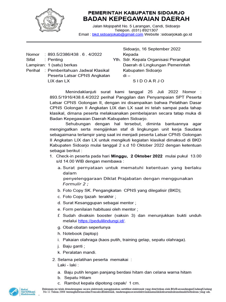 Surat Tugas BKD Sidoarjo Latsar 02 Oktober 2022 | PDF