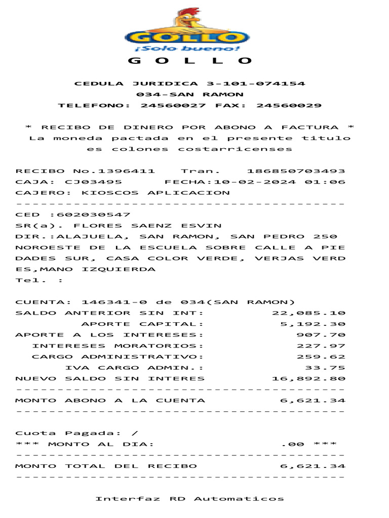 Recibo de Abono a Factura en Colones | PDF | Finanzas y dinero | Hogar ...