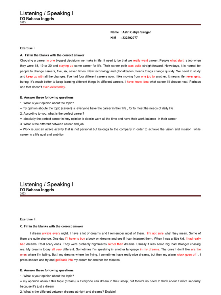 Listening and Speaking | PDF | Dream